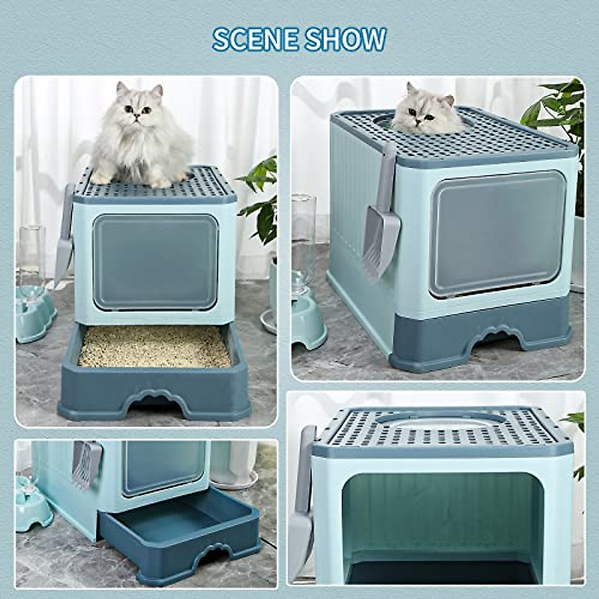 AOSUI Covered Cat Litter Box Extra Large Foldable Litter Box Odor Filter Front Entry Top Exit Litter Box with Lid for Cats, Enclosed Cat Potty with Cat Litter Scoop and Cat Litter Mat Easy Clean