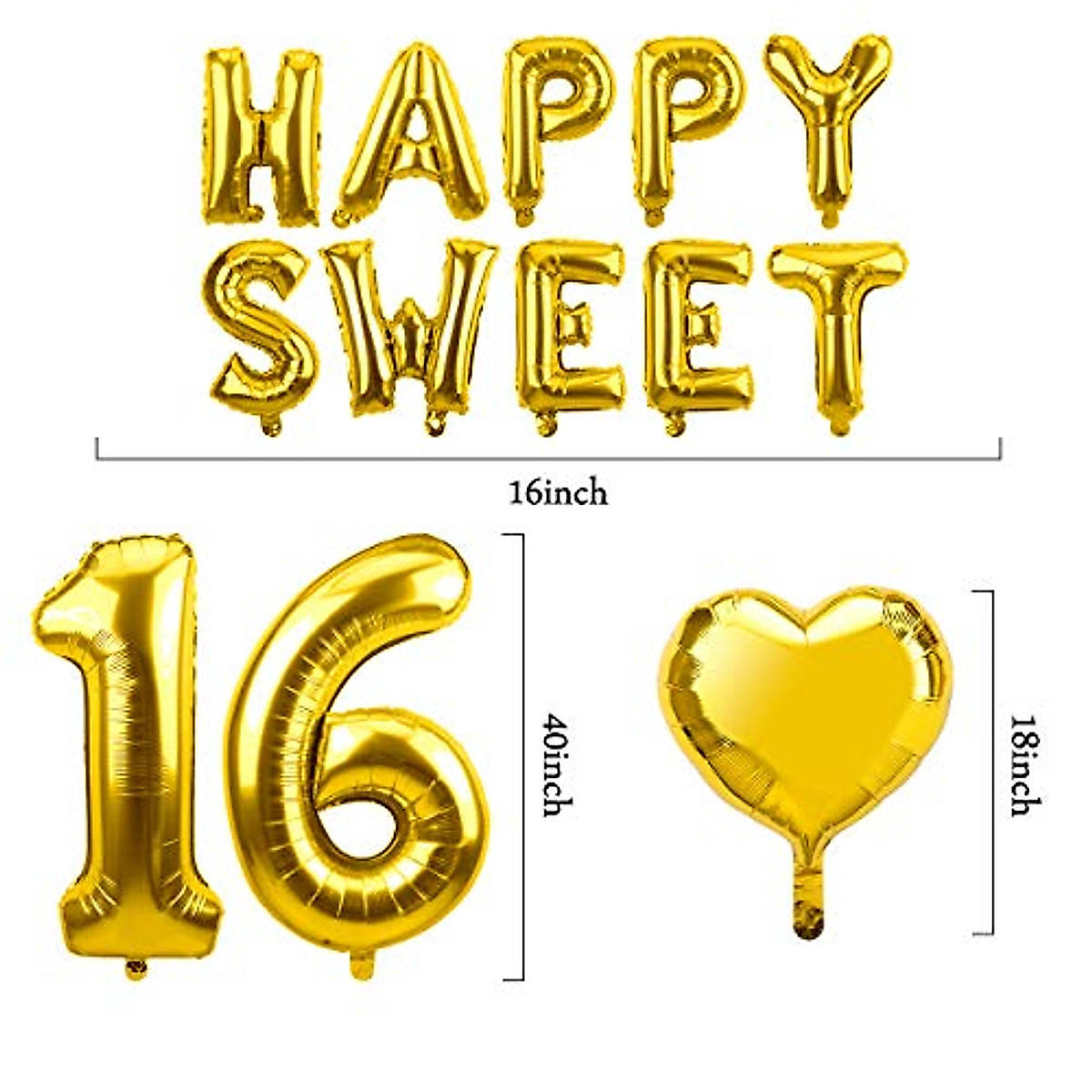 Lnlofen Happy Sweet 16 Balloon Banner with 2 Heart Foil - Gold 16th Birthday Party Decorations - Happy Sixteen Party Decorations Supplies