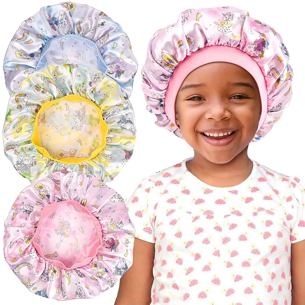 3 Pieces Kids Unicorn Satin Bonnet Wide Elastic Band Sleeping Cap Soft Silk Double Layer Night Hair Hats for Teens Toddler Child Baby