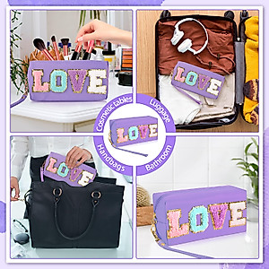 YESMET Preppy Makeup Bag, Chenille Letter Patch Cosmetic Bag, Portable Travel Makeup Organizer Bag with Wrist Strap, Nylon Waterproof Zipper Makeup Pouch Toiletry Bag for Women Girls (Purple)