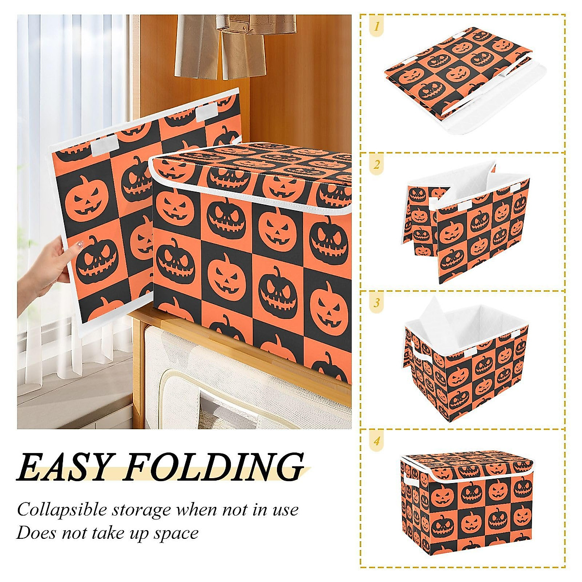 JJoias Foldable Fabric Storage Boxes, Halloweens-black-orange-pumpkins Large Storage Bins with Lids and Handlefor Living Room, Bedroom, Closet, Office