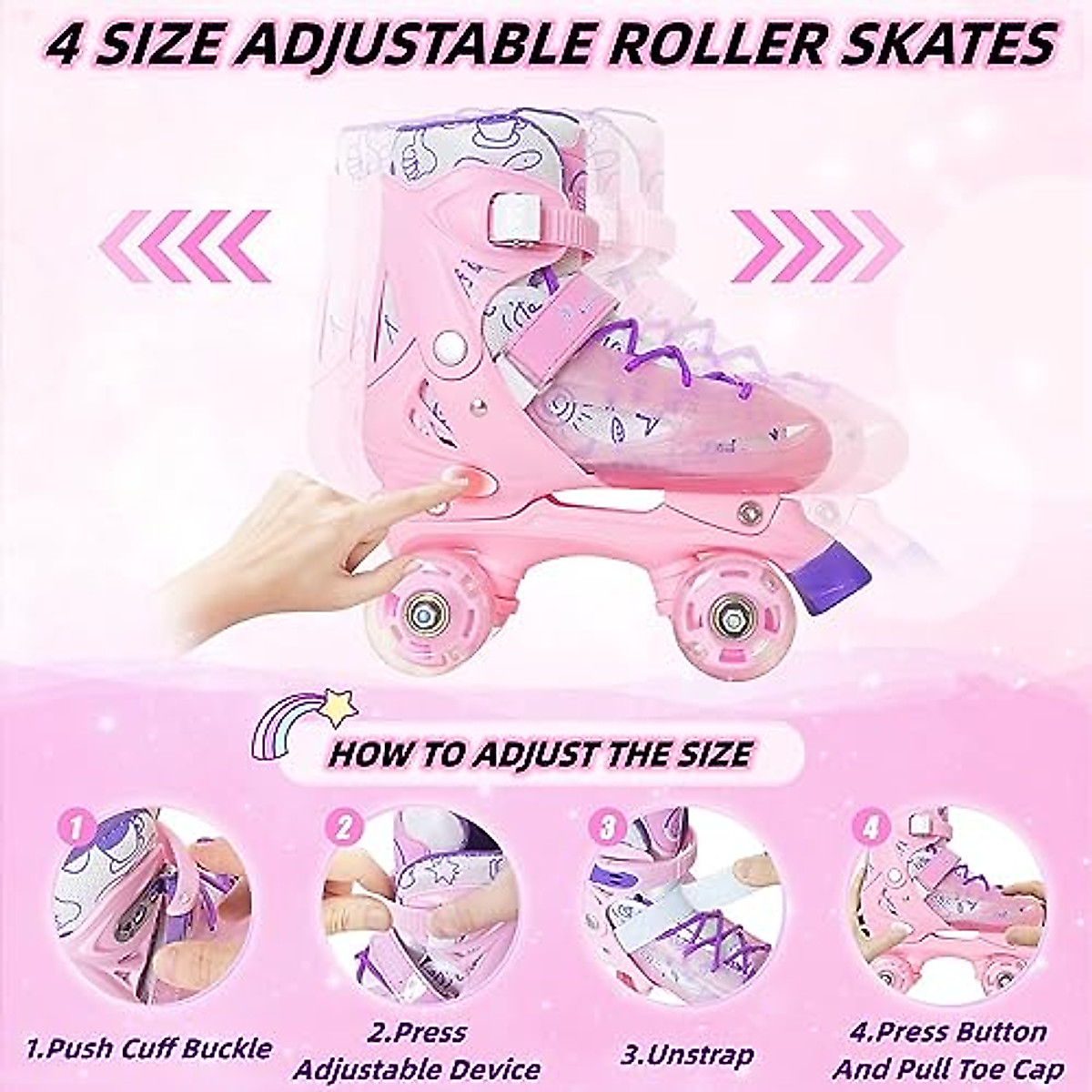Nattork Roller Skates for Girls Kids Boys, 4 Sizes Adjustable Quad Skates Shoes with Light up Wheels,Safe and Fun Girl Skates, Best Gift for Beginners Indoor Outdoor Sports S Pink