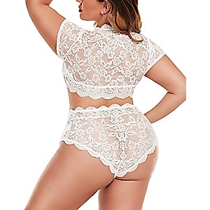 Avidlove Wedding Lingerie for Bride Plus Floral Lace Scallop Trim Lingerie Set Deep V Allover Lace Bra Panties Set Sexy Clubwear (18 Plus, White)