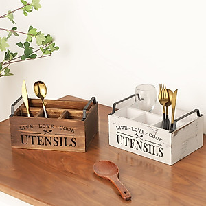 Rustic Utensil and Napkin Holder with Metal Handles Silverware Caddy Farmhouse Wooden Flatware Organizer Cutlery Crock Storage for Kitchen Decor Countertop Cooking Tools Storage Entertaining Picnics
