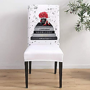 Dining Room Chair Covers, Red Lipstick High Heels Flower Black Gray Book Abstract Watercolor Painting Stretch Parsons Chair Slipcovers Removable Chair Protector Cover Set of 8