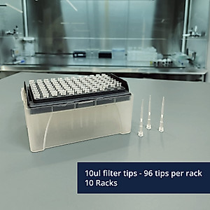10ul Filtering Pipette Tips - Universal Filter Pipette Tips - Clear White, RNase, DNase, and DNA Free, Racked - 10 Racks, 96 Tips/Rack (10ul)