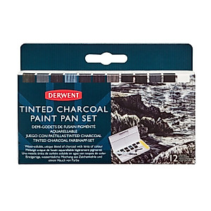 Derwent Tinted Charcoal Paint Pan Set, 12 Paints, Professional Quality, Water Soluble, Blendable, Portable, Includes Palettes, Mini Waterbrush & Cleaning Sponge (2305872) 1 Count (Pack of 1)