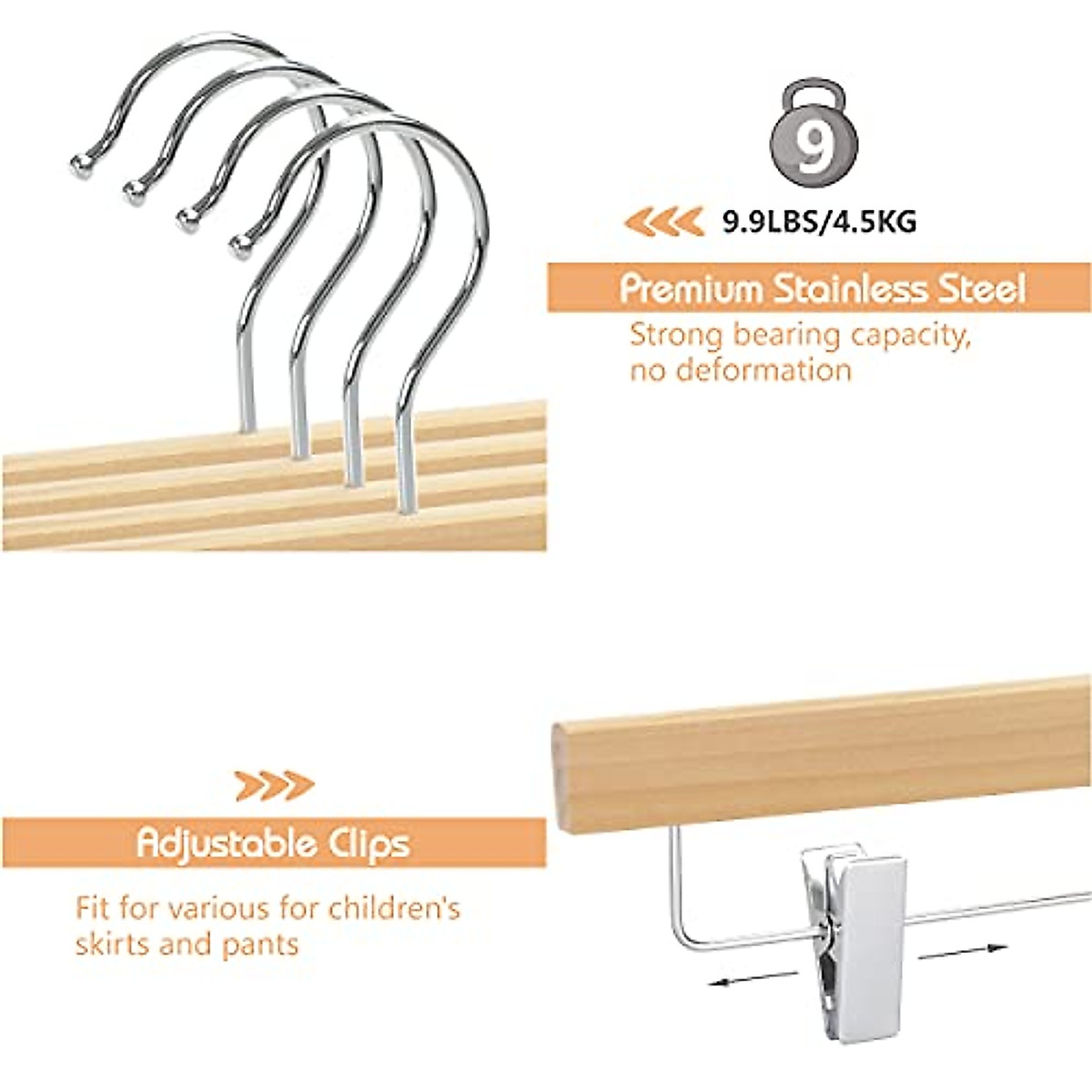 TOPIA HANGER 11.8'' Unfinished/Natural Wooden Pants Skirt Hangers for Kids Baby Toddler Children, Extra Thick Chrome Hooks & Anti-Wrinkle Premium Flat Clips 10 Pack CT09PN