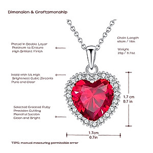 VONSSY Red Heart Pendant Necklace | Oval Bow Waterdrop Created-Ruby Pendant Necklace | Statement Vintage Stylish Jewelry Gift (Heart A-Platinum)