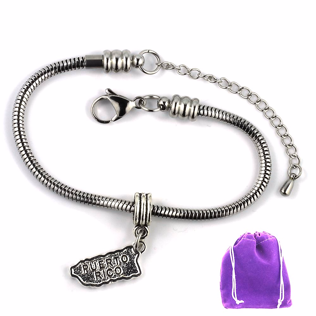 Puerto Rican Jewelry | This Puerto Rican Merchandise or Puerto Rico Bracelet is Stainless Steel Snake Chain Bracelet makes Great Puerto Rico Gifts and the Country Charm is the Pride of Puerto Rico
