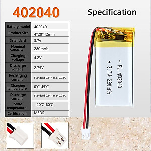 AKZYTUE 3.7V 402040 280mAh Lipo battery Rechargeable Lithium Polymer ion Battery Pack with PH2.0mm JST Connector