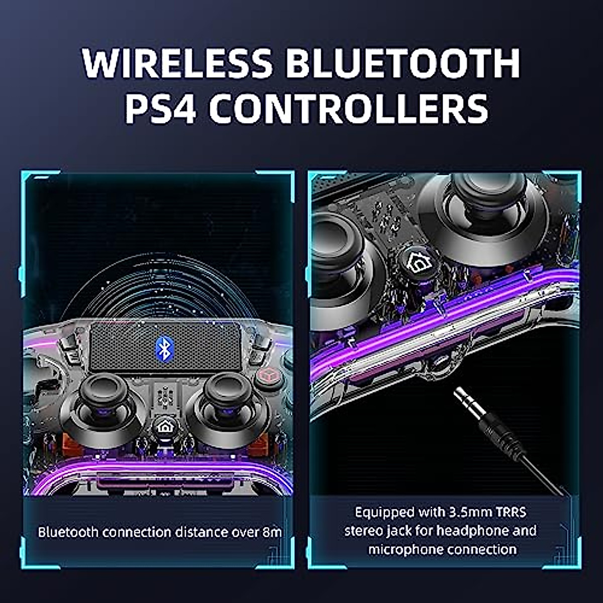 Honghao Controllers For PS4 With Hall Triggers/Vibration/Programming/8 RGB LED Lights, Wireless Remote Joystick Gamepad Accessories, Shock PS4 Dual Controller for PlayStation 4/Slim/Pro/PC (Black)