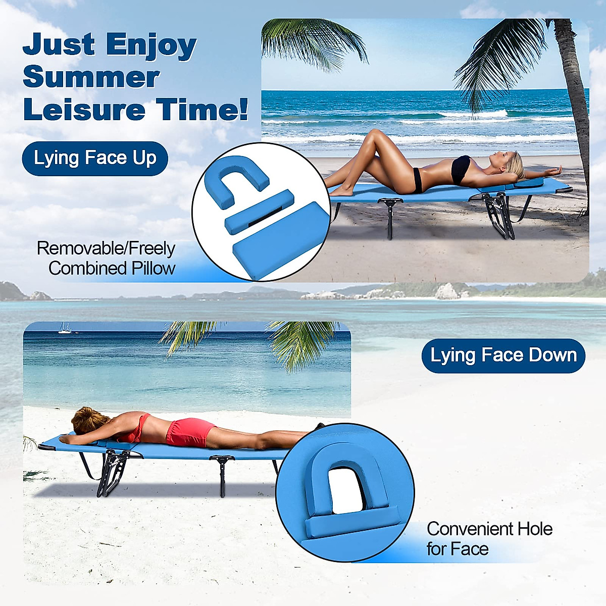 Goplus Tanning Chair, Folding Beach Lounge Chair with Face Hole, Removable Pillow, 350LBS Capacity, Carry Strap, 5-Position Adjustable Sunbathing Chair, Portable Outside Lounge Chair for Patio Pool