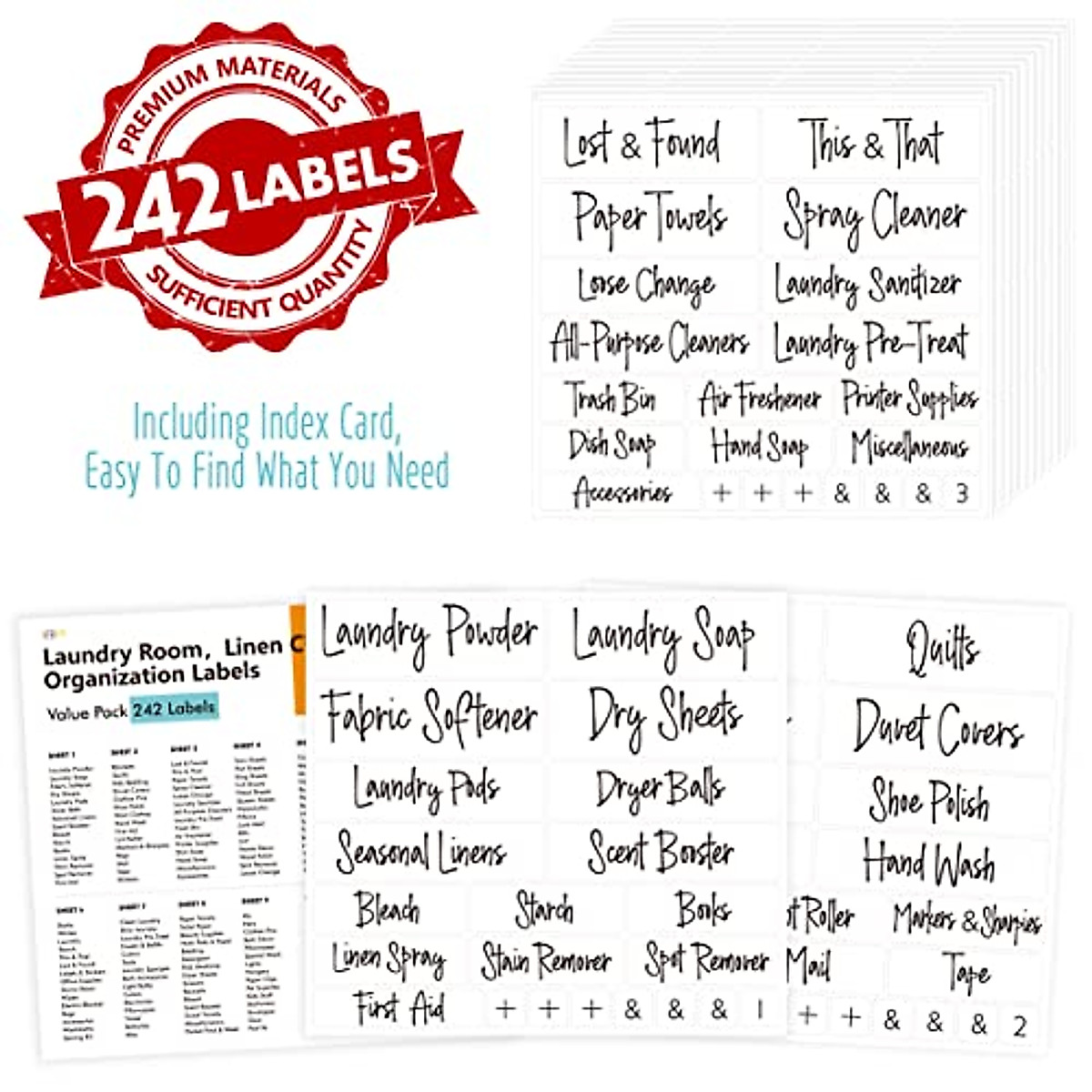 Hebayy 242 pcs Laundry Room, Linen Closet & Office Labels, 220 Pre-Printed Waterproof Oil&Tear Resistant Removable Stickers, 22 Blank Ones, No Residue for Home Office Craft Room Organization