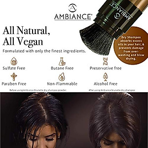 Natural Dry Shampoo for Women & Men by Ambiance | Brunette Tinted Powder | Travel Size Applicator Brush for Dark Brown Hair | Cleansing, Refreshing, & Volumizing