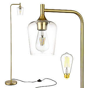 Hamilyeah Gold Floor Lamp for Bedroom, Industrial Tall Lamp for Living Room with Pedal Foot Switch, Mid Century Standing Lamp for Office with Champagne Glass Shade, E26 Bulb Included