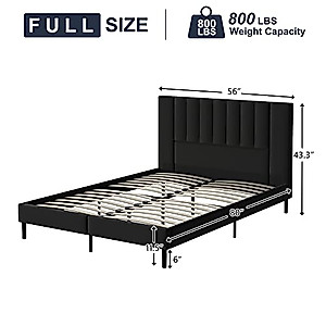 Flolinda Full Size Platform Bed Frame with Velvet Upholstered Headboard and Wooden Slats Support, Fully Upholstered Mattress Foundation/No Box Spring Needed/Easy Assembly, Black