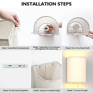 Lenarinter Wall Lamp with Plug in Cord Set of 2, Battery Operated Wall Sconces with RGB Smart Bulb & Switch Control, Linen Fabric Shade, Indoor Wall Lights for Bedroom Living Room Hallway