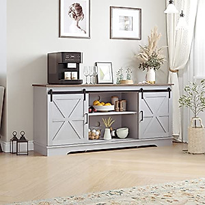 YITAHOME Kitchen Buffet Cabinet, 60“ Farmhouse Sliding Barn Door Coffee Bar Sideboard Buffet Cabinet with Capacity 300 lbs for Home Kitchen Dinning Living Room, Grey White/Grey Wash