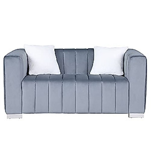 Familymill 63'' Modern Premium Velvet 2-Seater Couch/Loveseat Sofa with Metal Base Legs and 2 Pillows for Living Room/Bedroom, Blue Grey