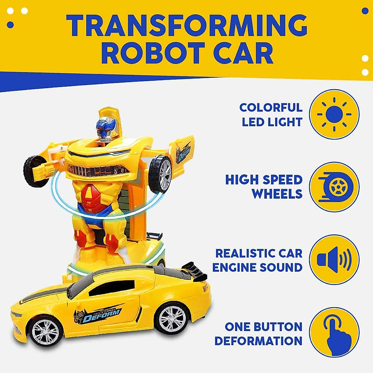 Toysery Transforming Robot Car - One Button Transformation Toy Car with Realistic Engine Sounds, LED Lights and 360 Degree Rotation Speed Drifting Function