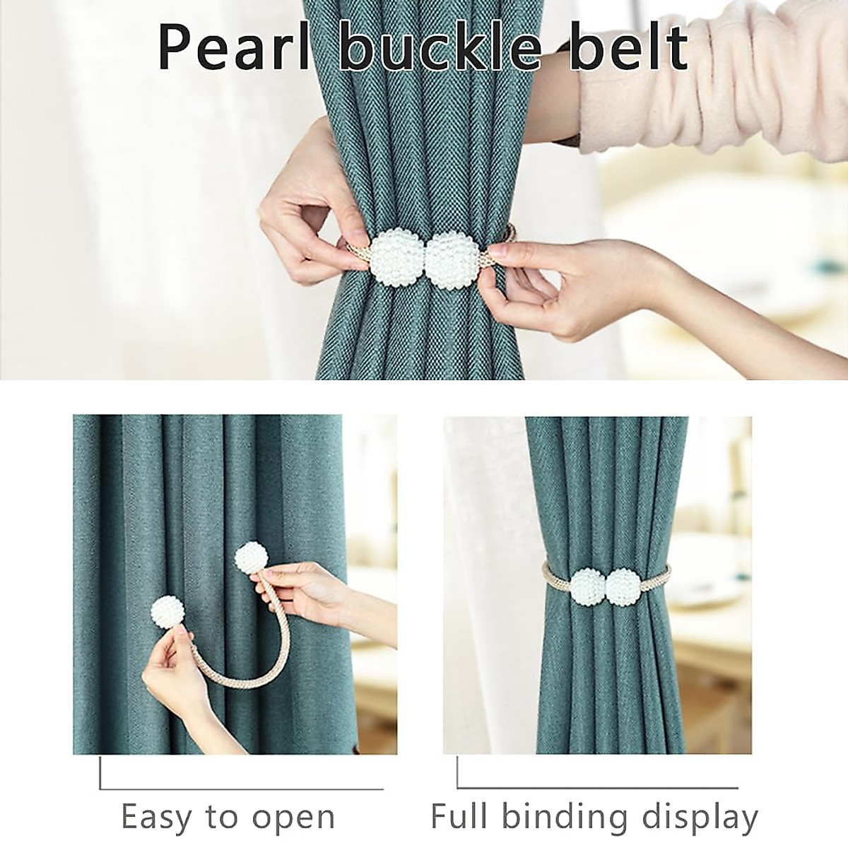 4PCS Magnetic Curtain Tiebacks Buckle Type Pearl Curtain Tie, Curtain Tie Rope Tie Without Drilling Free Installation（2*White and 2*Blue）