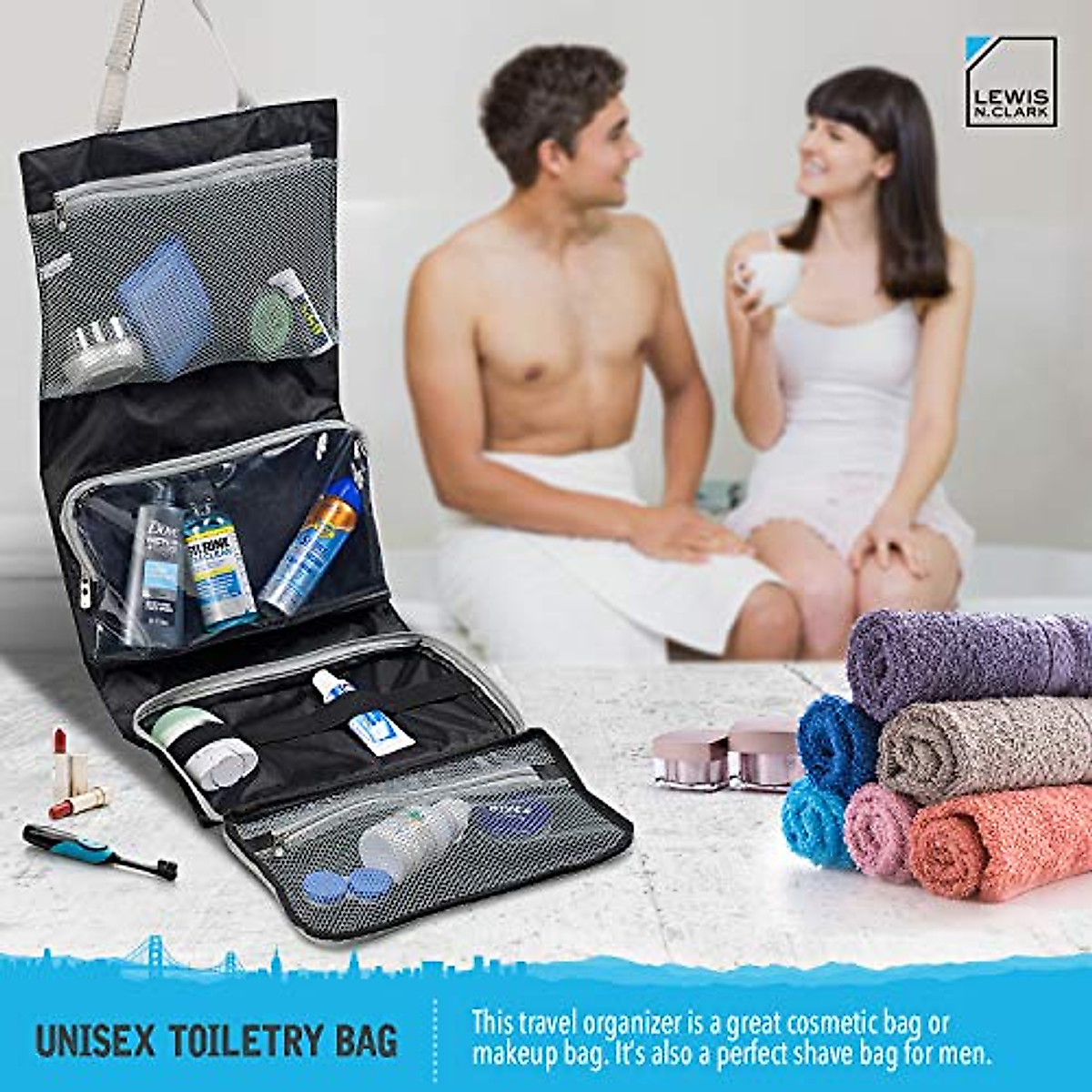 Lewis N. Clark Hanging Toiletry Bag for Travel Accessories, Shampoo, Cosmetics + Personal Items with Waterproof Compartment and Folding Design,Black