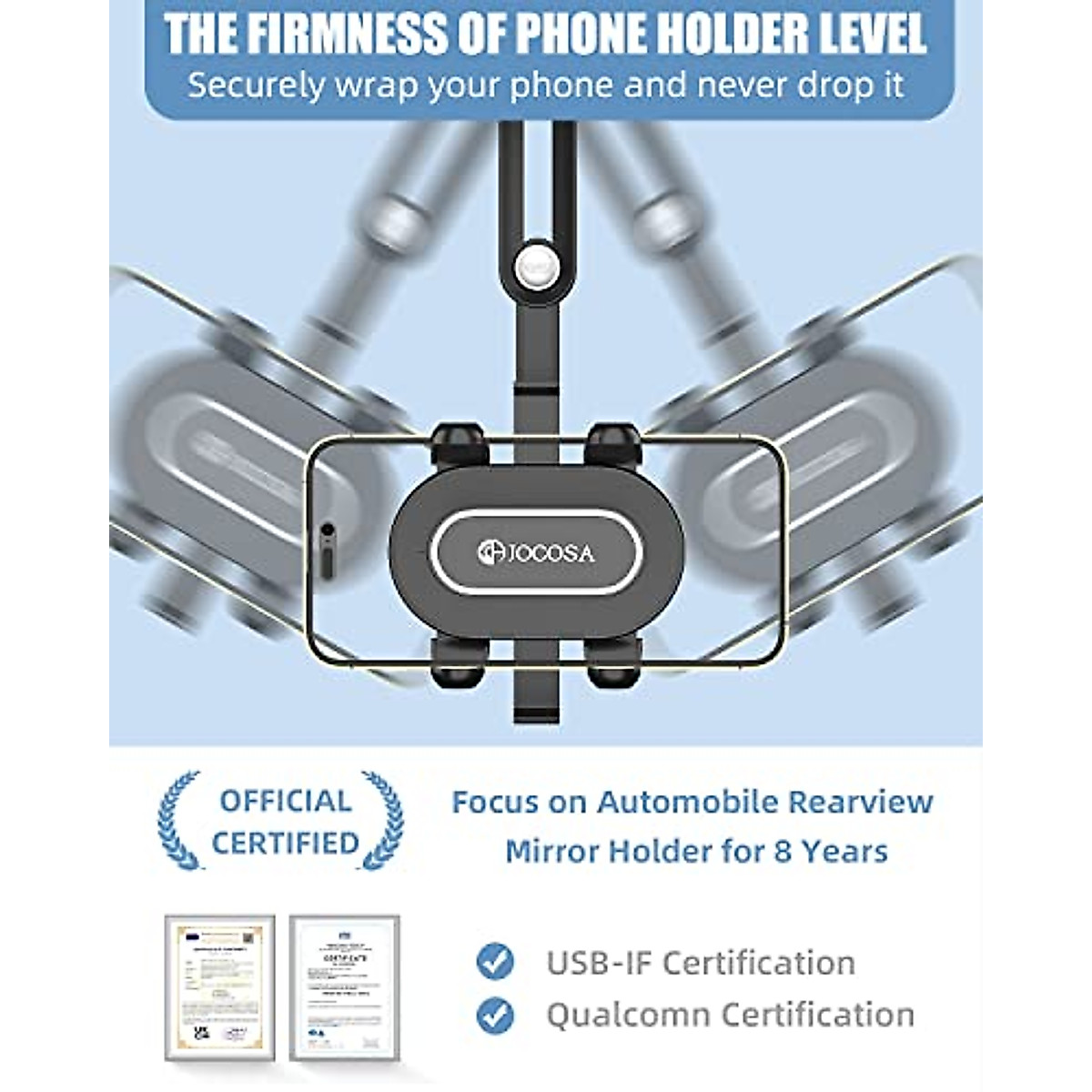 Phone Mount for Car【Large Rear Mirrors Friendly】 Rear View Mirror Phone Holder,【Upgraded 4 Clip More Stable】 360 Rotatable and Retractable Car Phone Holder Fit All Mobiles & Fits Bigger Vehicle