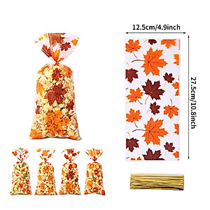 Totelux Fall Cellophane Goodie Bags Clear Plastic Gift Bags Pumpkin Maple Leaf Treat Bags with Ties for Cookies Candy Packaging Autumn Birthday Thanksgiving Party Favor Supplies 50PCS