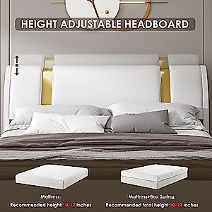 TTVIEW Modern Faux Leather Upholstered Platform Bed Frame with Golden Iron Metal Decor, Adjustable Curved Headboard, Wooden Slats Support, No Box Spring Needed, Queen Size, White