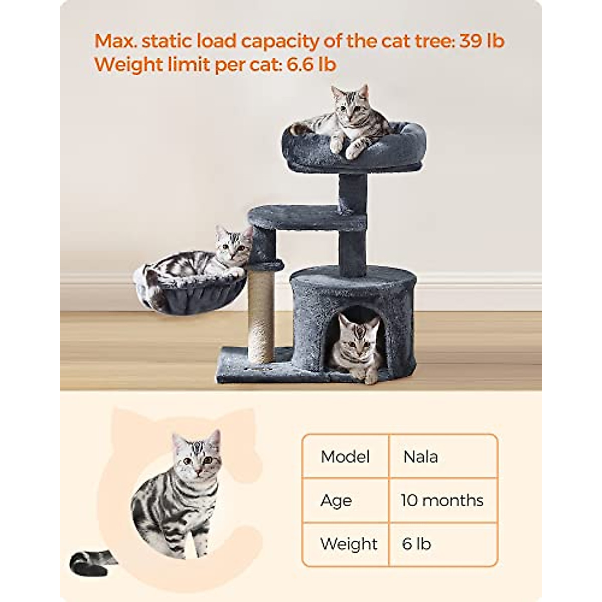 Feandrea Cat Tree, Small Cat Tower, Cat Condo, Kitten Activity Center with Scratching Post, Basket, Cave, Smoky Gray UPCT59G