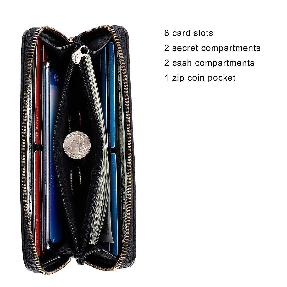 HAWEE Leather Clutch Wallet for Women Zippered Wristlet Bag, Embossing Rose