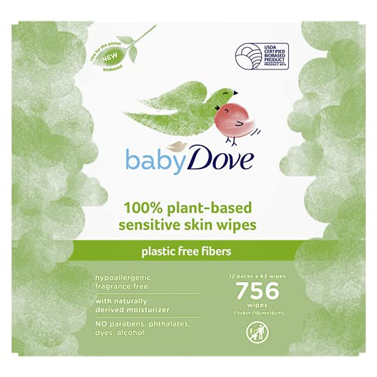 Baby Dove Baby Wipes for Sensitive Skin with 100% Plant-Based Fibers Hypoallergenic 63 Wipes 12 Pack