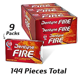 Dentyne Fire Spicy Cinnamon Sugar Free Gum, Pack of 9 (144 Total Pieces)