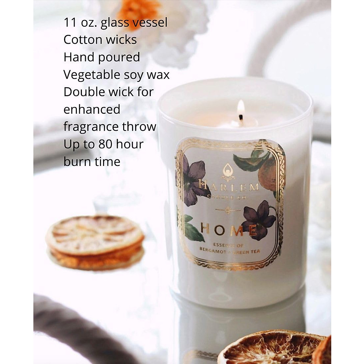 Harlem Candle Company Home Luxury Candle, 11 oz White Glass Jar, Double Wick, Soy Wax, Gift Box, Bergamot, Jasmine, Sandalwood, Mandarin Orange and Green Tea Leaves,80 Hour Burn