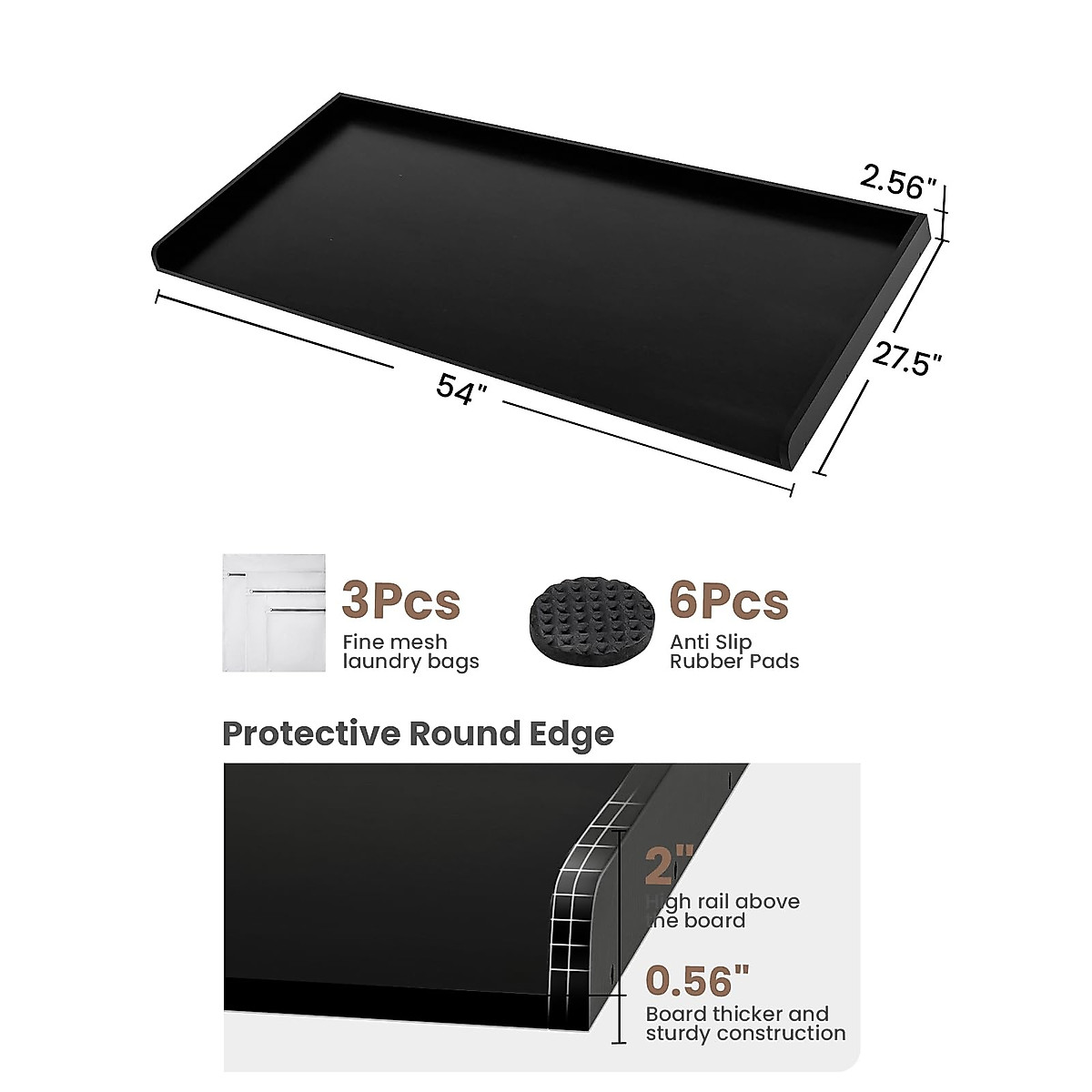 Toemics Washer Dryer Countertop, 27.5" x 54" Laundry Room Organization Shelf with Edge Rails for Washer and Dryer, Durable Melamine Finish, Non-Slip Pads, and 3 Laundry Bags, Black