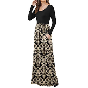 DB MOON Women Casual Long Sleeve Maxi Dresses Empire Waist Long Dress with Pockets Black and Gold M