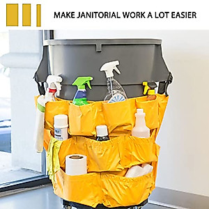 Yellow Trash Can Caddy Bag for Garbage Bins- Fits 32-50 Gallon Can & 12 Storage Pockets & Heavy Duty Vinyl Construction, Ideal for Housekeeping /Maid Services/Janitorial Companies/ Cleaning Crews