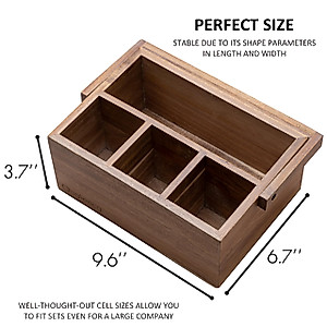 Qualerica Acacia Silverware Caddy with Handle, Rustic Utensil Holder with Handle for Farmhouse Kitchen Decor, Mulip-pose Organizer for Kitchen, Bathroom, Office, Bedroom (Four Compartments)