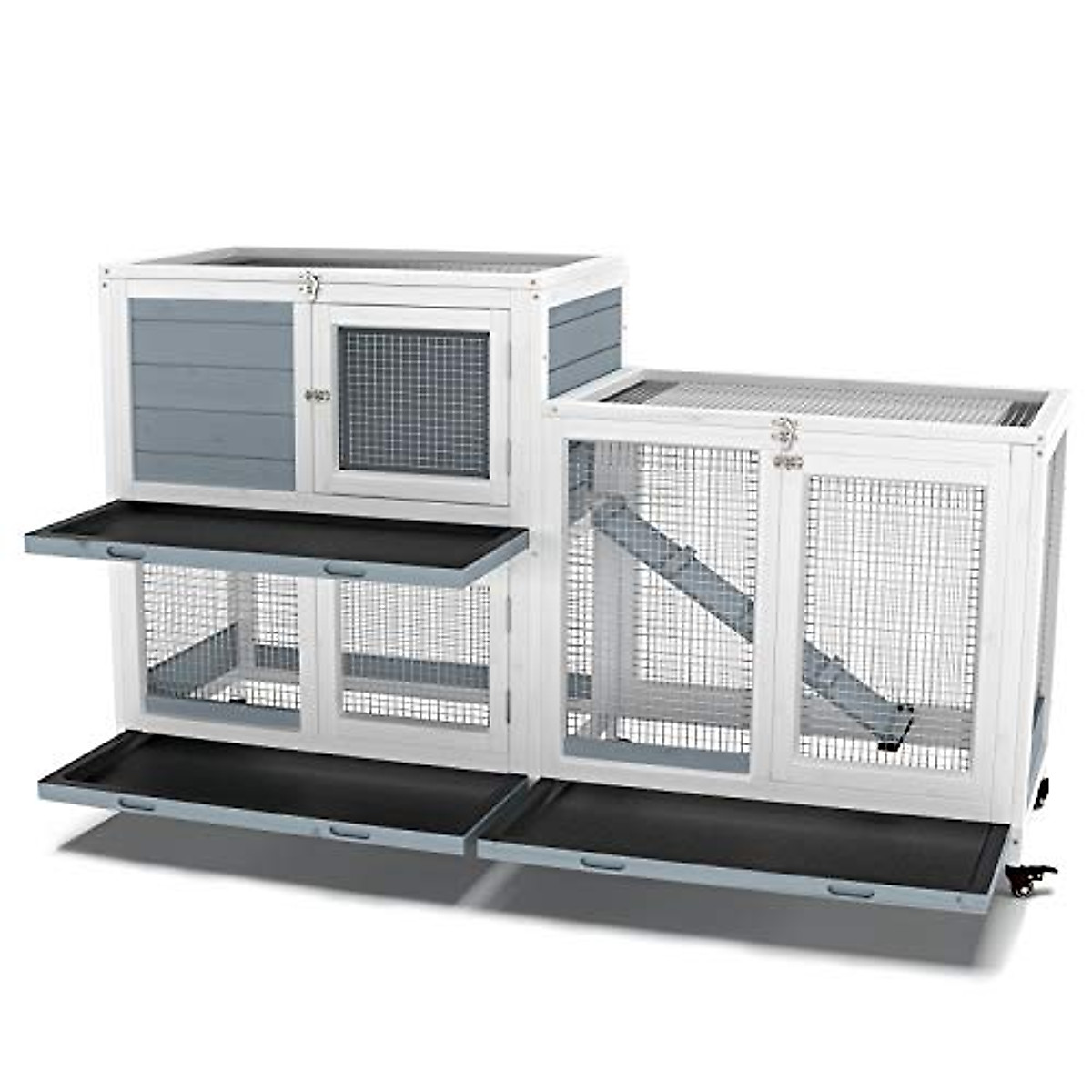 GDLF Two Floors 58" Wooden Indoor Bunny Hutch Rabbit Cage on Wheels Guinea Pig PET House for Small to Medium Animals Waterproof No Leak Tray