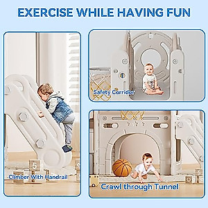 Toddler Slide, 8 in 1 Toddler Indoor Outdoor Playset with Slide, Climber, Basketball Hoop and Ball, Tunnel Crawl, Telescope and Storage Space, Kids Playground Sets for Backyards & Indoor (Coffee)