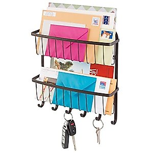 mDesign Wall Mount Metal Farmhouse Mail Organizer Storage Basket - 2 Tiers, 6 Hooks - for Entryway, Mudroom, Hallway, Kitchen, Office - Holds Letters, Magazines, Coats, Leashes, Keys - Bronze