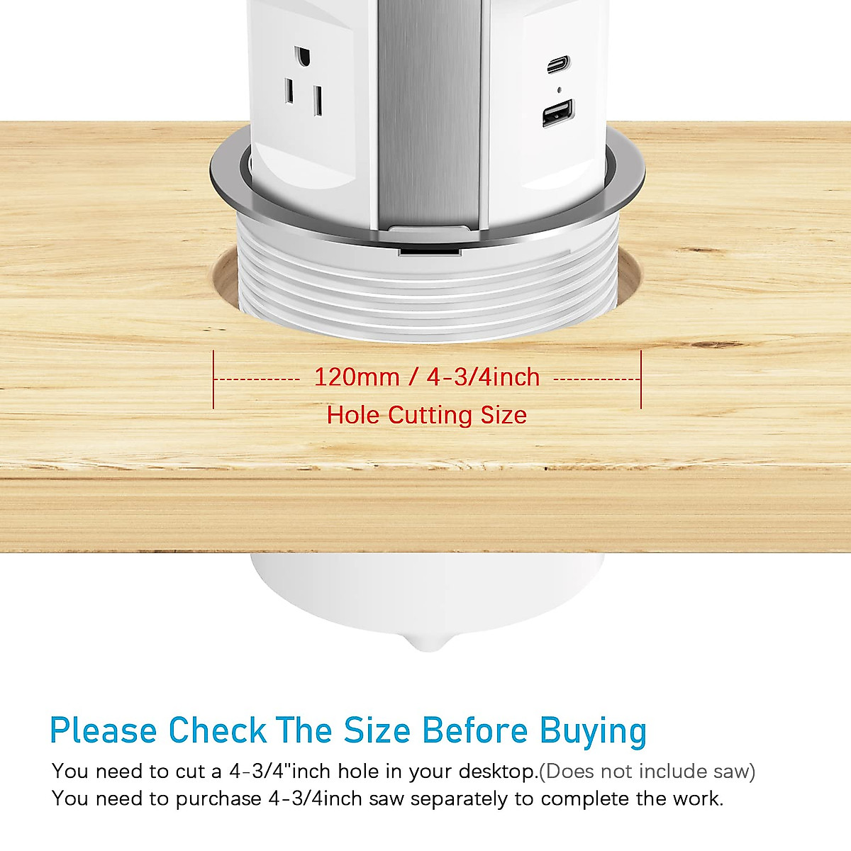 HHSOET 4-3/4 Inch Extra Large Pop Up Outlet for Countertop, Large Round Pop-up Power Strip with USB C Port for Kitchen Counters, in Desk Grommet Outlet Center with 3 Outlet and USB Ports.