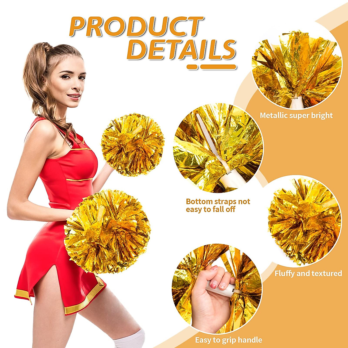4Pcs Metallic Cheerleading Pom Poms, Creatiee 2 Pair Cheerleader Cheering Squad Pompoms for School Sports Dance Games Team Spirit Cheer (Gold)