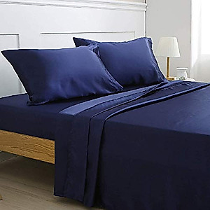 Cotton Home Depot Ultra Soft Silky Satin 4 Piece Sheet Set ( Flat Sheet + Fitted Sheet 16" Deep Pocket + 2 Pillow Cases ) Navy Blue Oversized Queen
