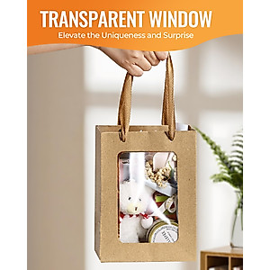 VAGREEZ 15 Pcs Paper Gift Bags with Transparent Window, Kraft Goodie Bags with Handles, Bulk Shopping Bags, Ideal for Halloween, Christmas, Birthday, Wedding, Party Favors, and Bulk Packaging, Brown