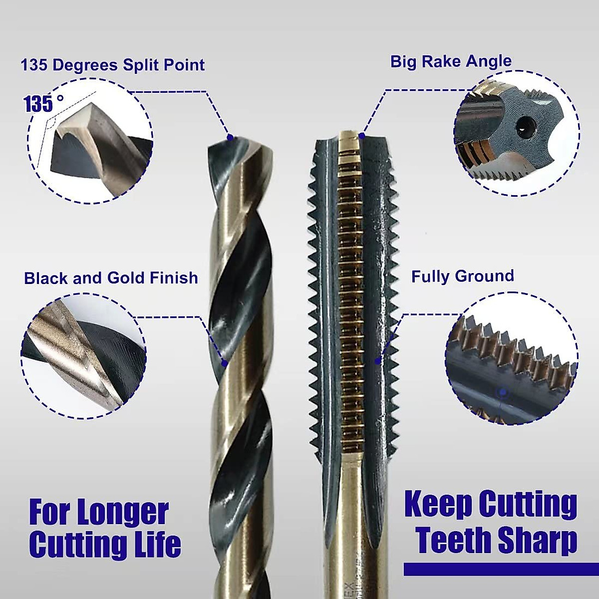 JEFE HEX 18-Piece Drill and Tap Set with 1 Piece T-Handle Ratchet Tap Wrench Capacity Range #0-1/4", Black and Gold Premium HSS Jobber Length Drill Bits and Hand Plug Taps with Metal Indexed Box