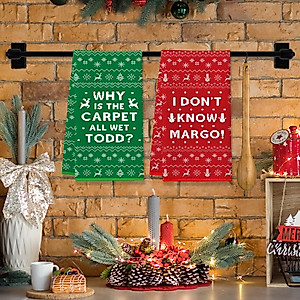 Christmas Vacation Decorations, 2Pcs Funny Christmas Kitchen Towels, Griswold Family Cousin Eddie Christmas Vacation Merchandise, Holiday Bathroom Decor - Why is The Carpet All Wet? I Don't Know Margo