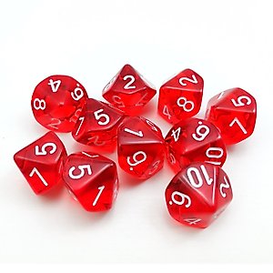 Bescon Polyhedral 10 Sides Dice with Number 1-10, Red Transparent 10 Sided Dice, 10 Sides Cube 1-10, 10pcs Set