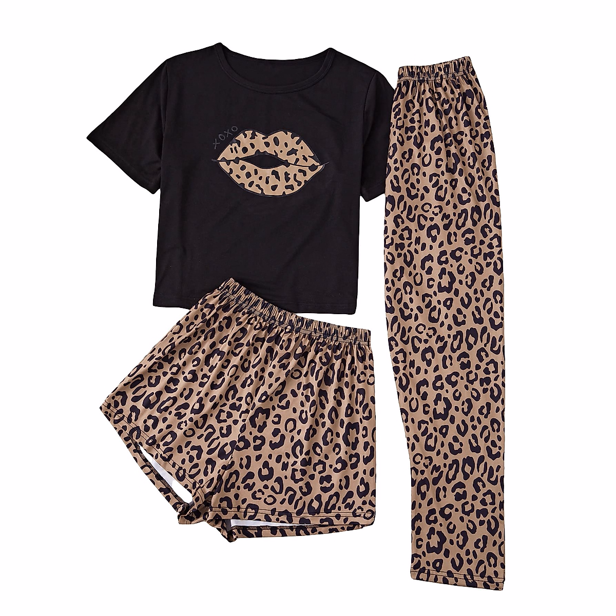 GORGLITTER Women's 3 Piece Pajama Sets Cute Print Short Sleeve Tee Top and Shorts with Pants Sleepwear Loungewear Black and Brown Large